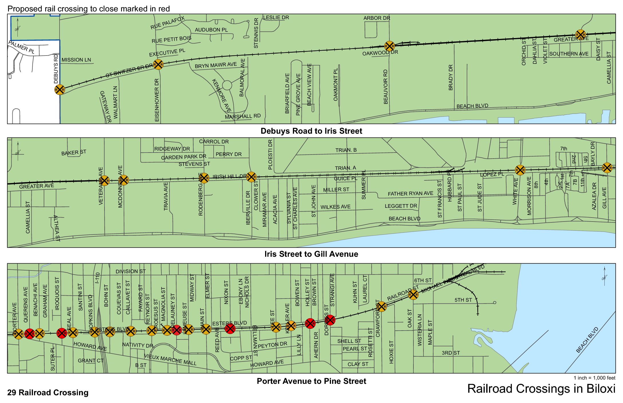 See the railroad crossing closure map