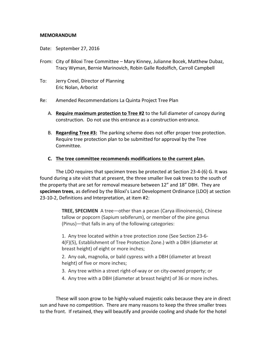 16 0927 Amended Memo Biloxi Tree Committee to Planning (La Quinta)