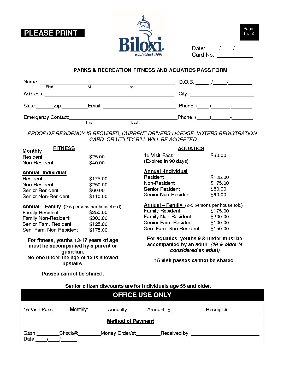 Donal Snyder Center Pass Form