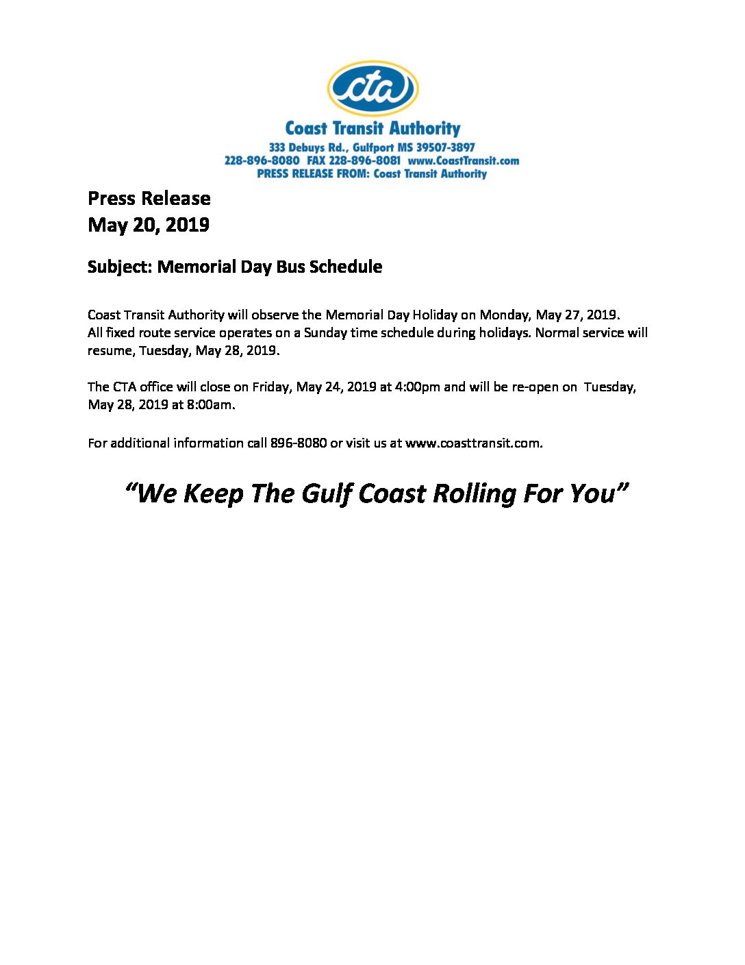 CTA Memorial Day schedule