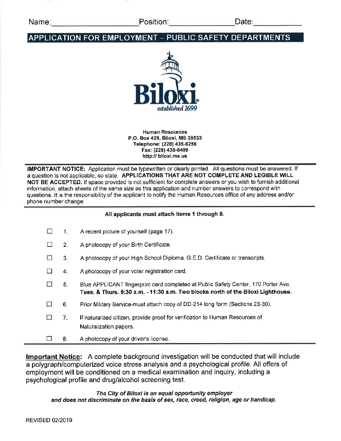 Application for public safety employment (Fire and Police Departments)