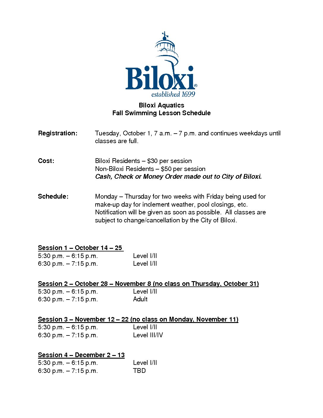 Fall swimming lessons