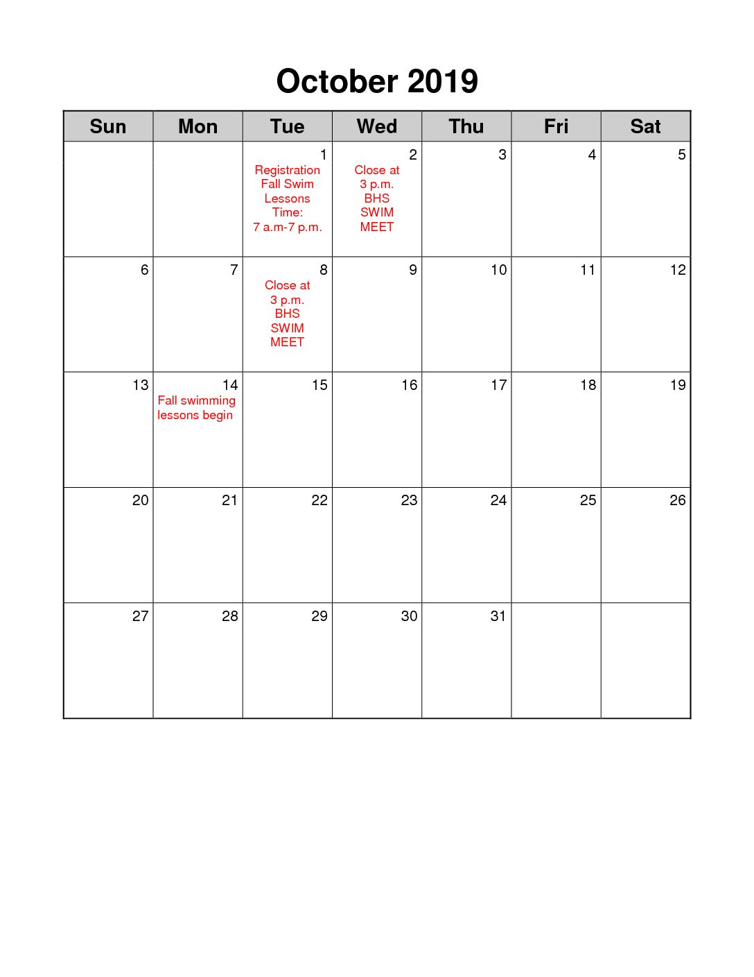 October Calendar