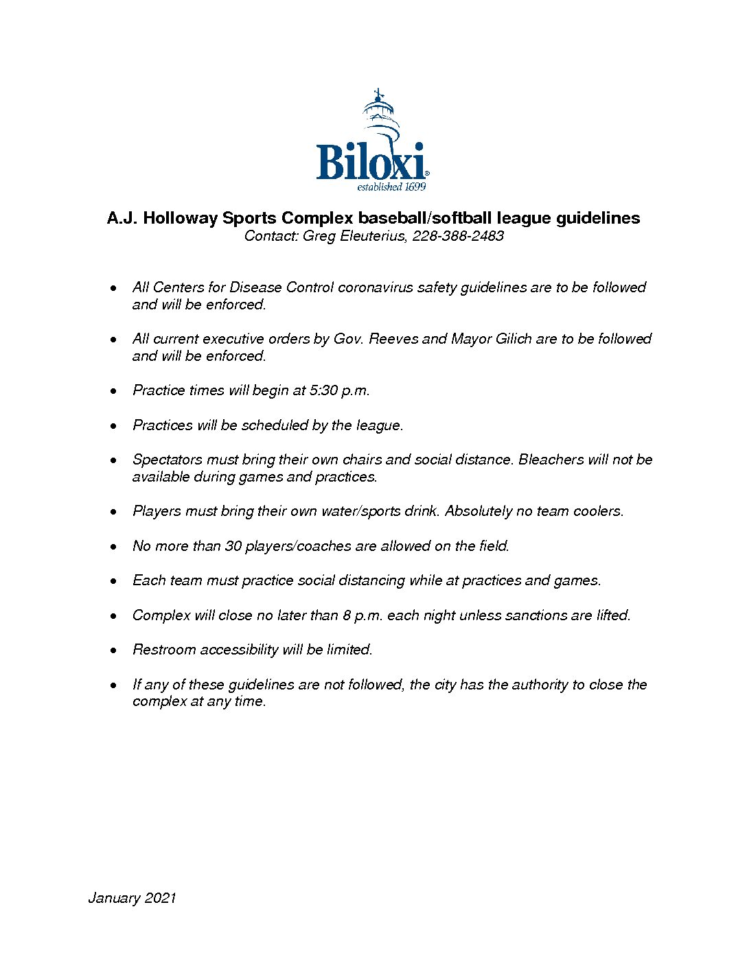 AJ Holloway Sports Complex baseball safety guidelines 2021..