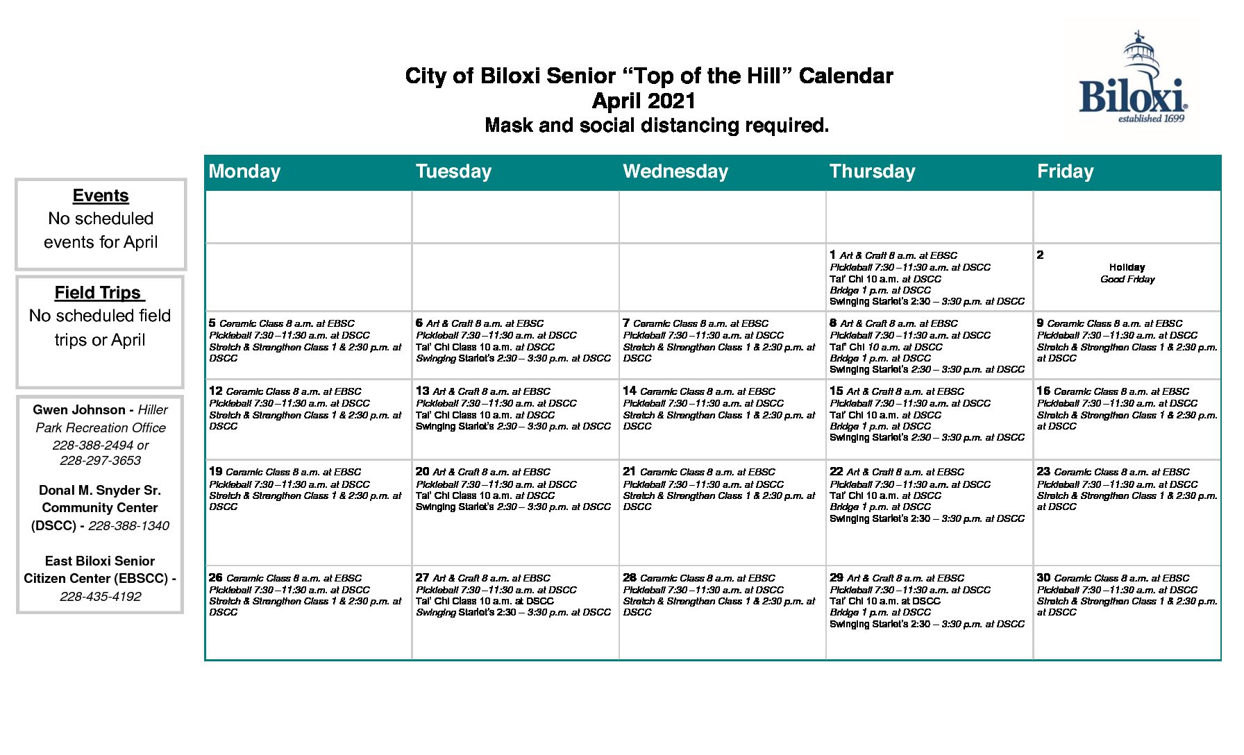 April Senior Citizens Programs Calendar