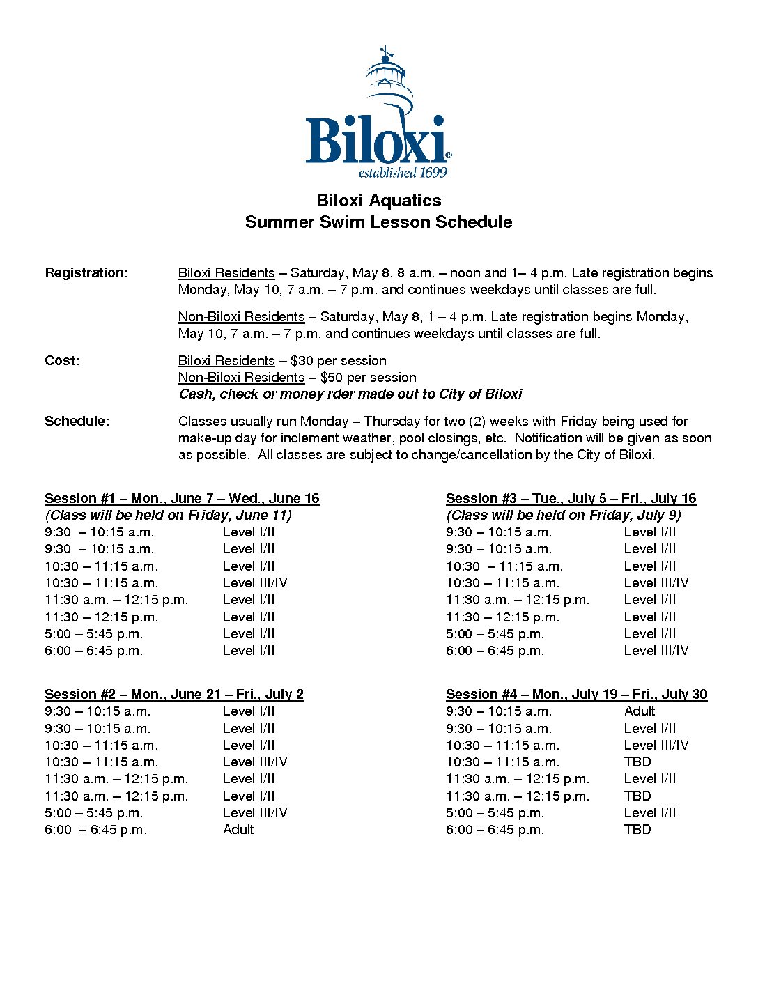 Swim Lesson Schedule – Summer 2021