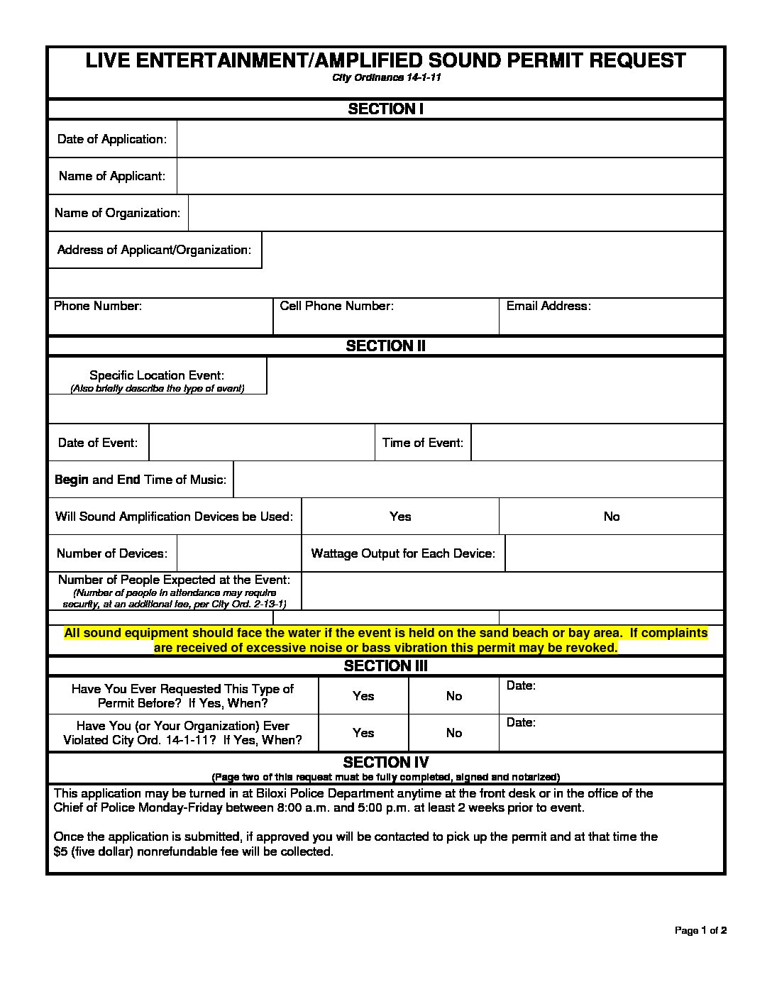 Live Entertainment/Amplified Sound Permit Request – Print Only