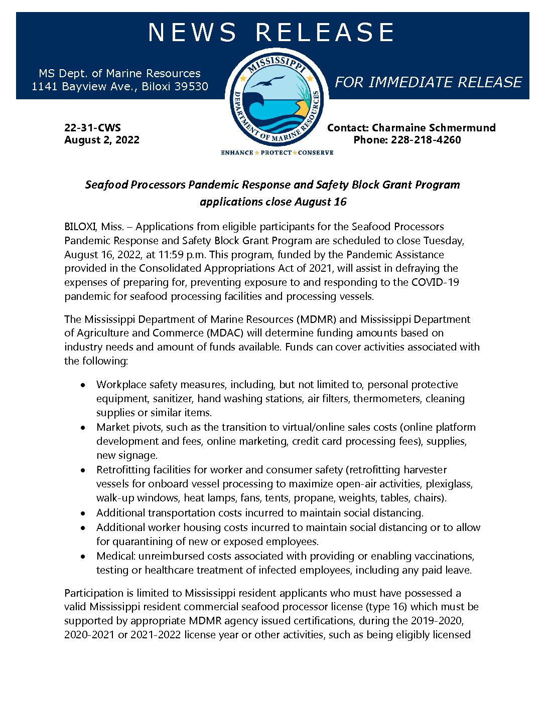 MDMR seafood processors grant