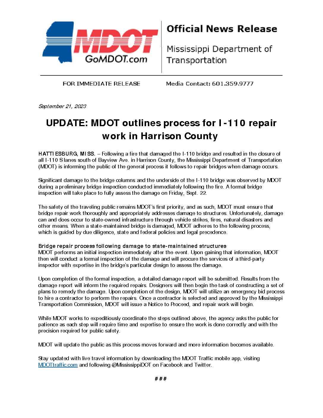 MDOT press release