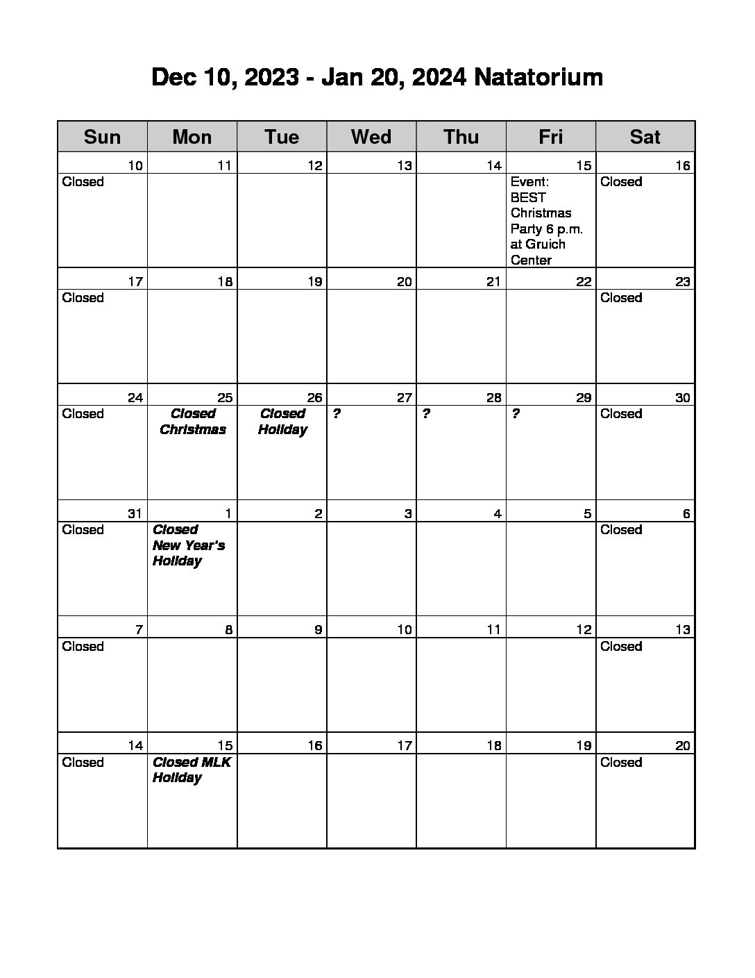 Dec 10- Jan 20, 2024