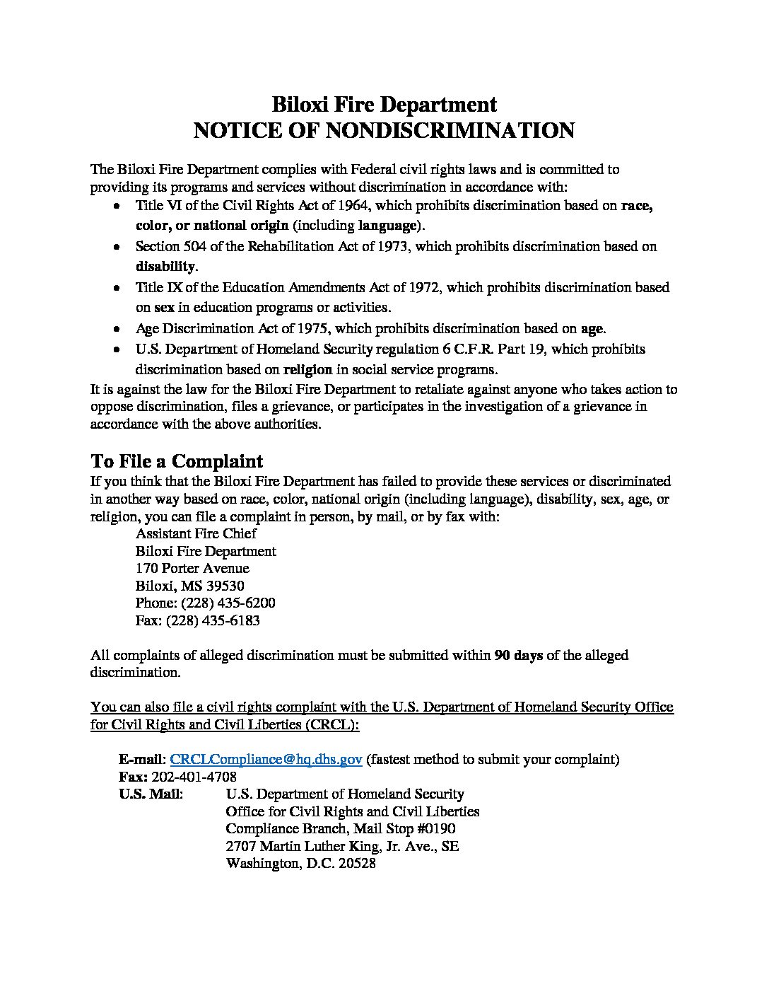 BFD Notice of Nondiscrimination Policy English