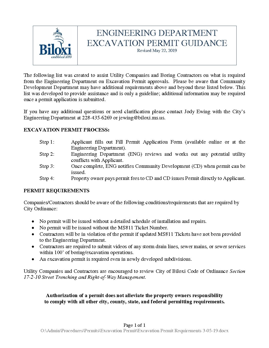 Excavation Permit Requirements 05-22-2019