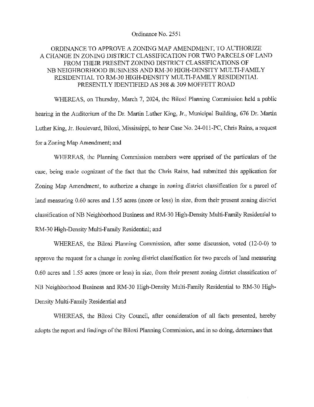 Ord No 2551-Zoning Map Amendment