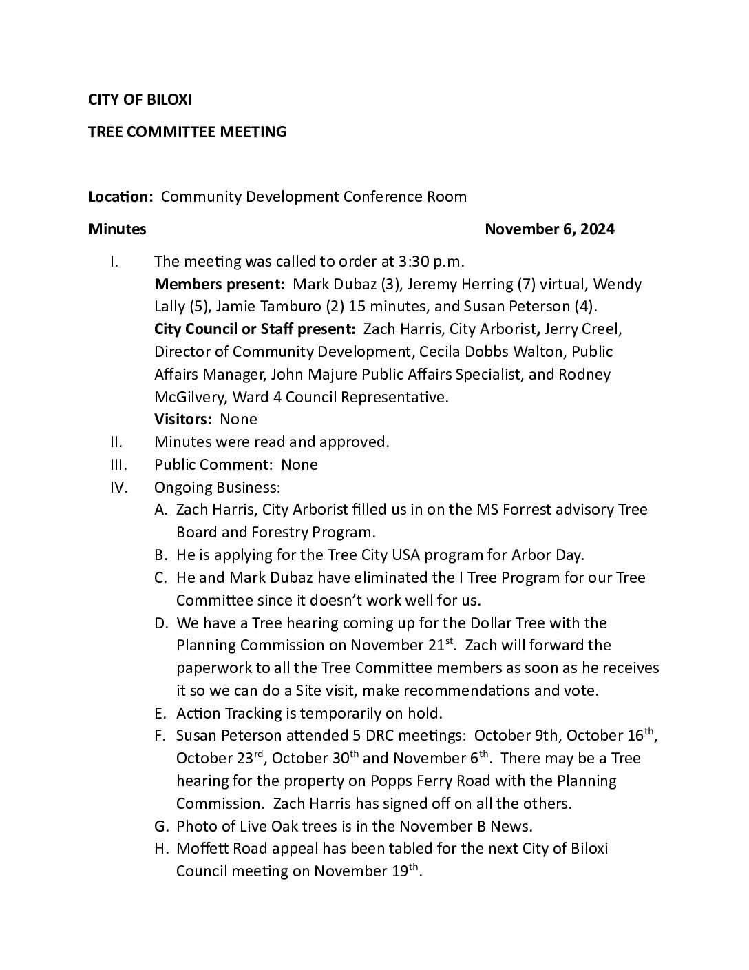 CITY OF BILOXI Tree Committee Minutes November 6 2024