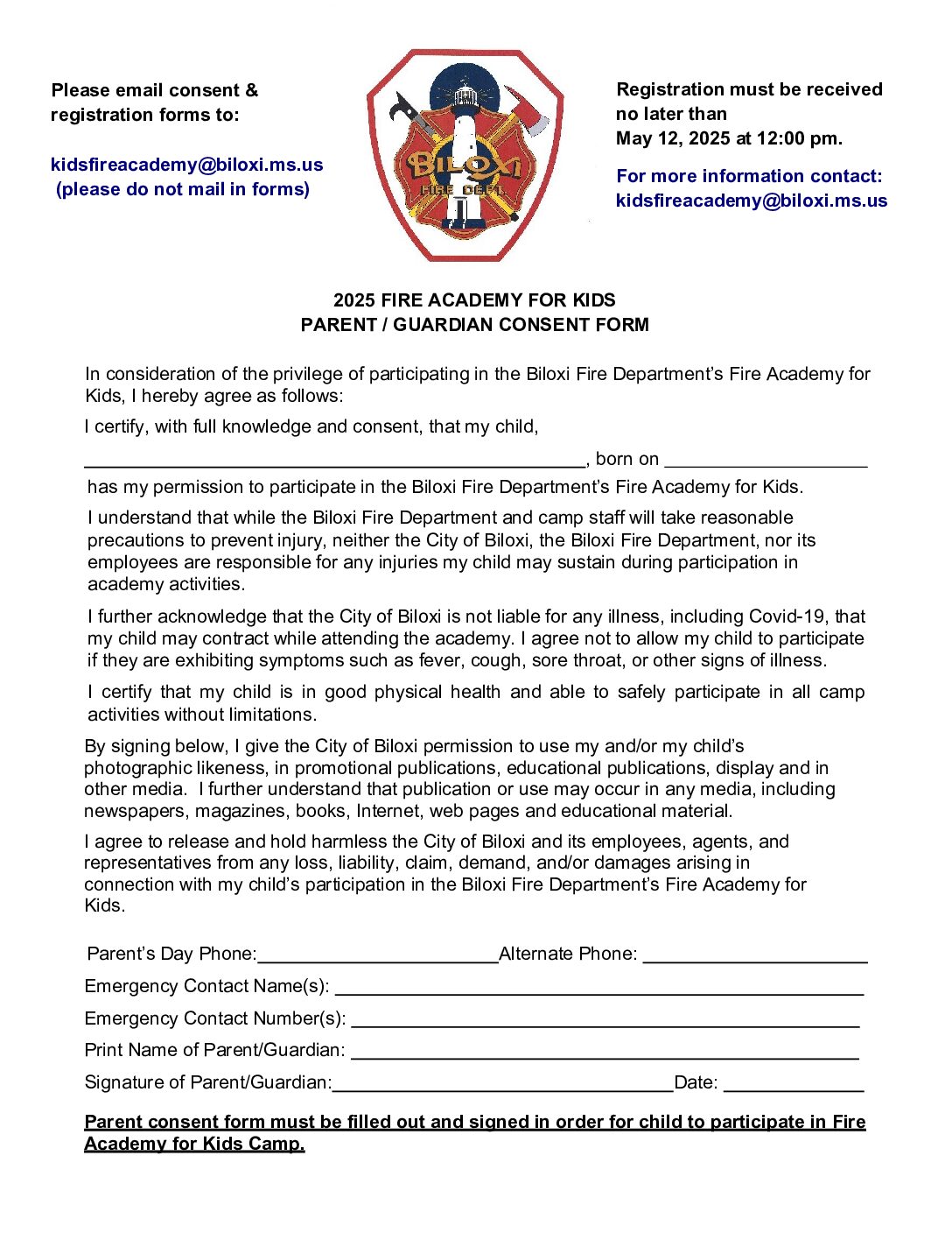 2025 Kids Academy Consent Form (Covid-19)
