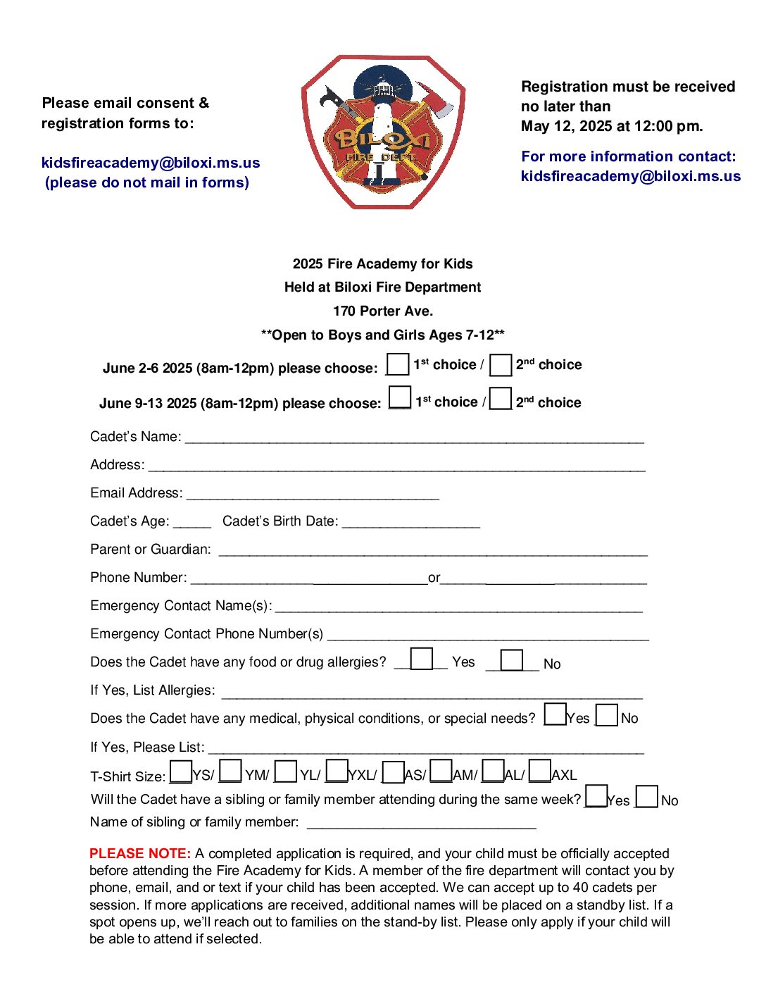 Kids REGISTRATION form 2025